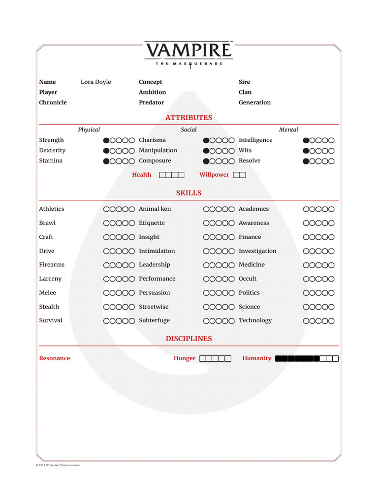 Vampire Character Sheet Template | PDF | Cognition | Behavioural Sciences