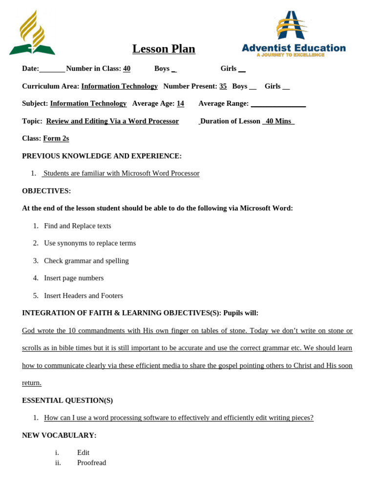 Word Processing Editing Lesson Plan | PDF | Editing | Microsoft Word