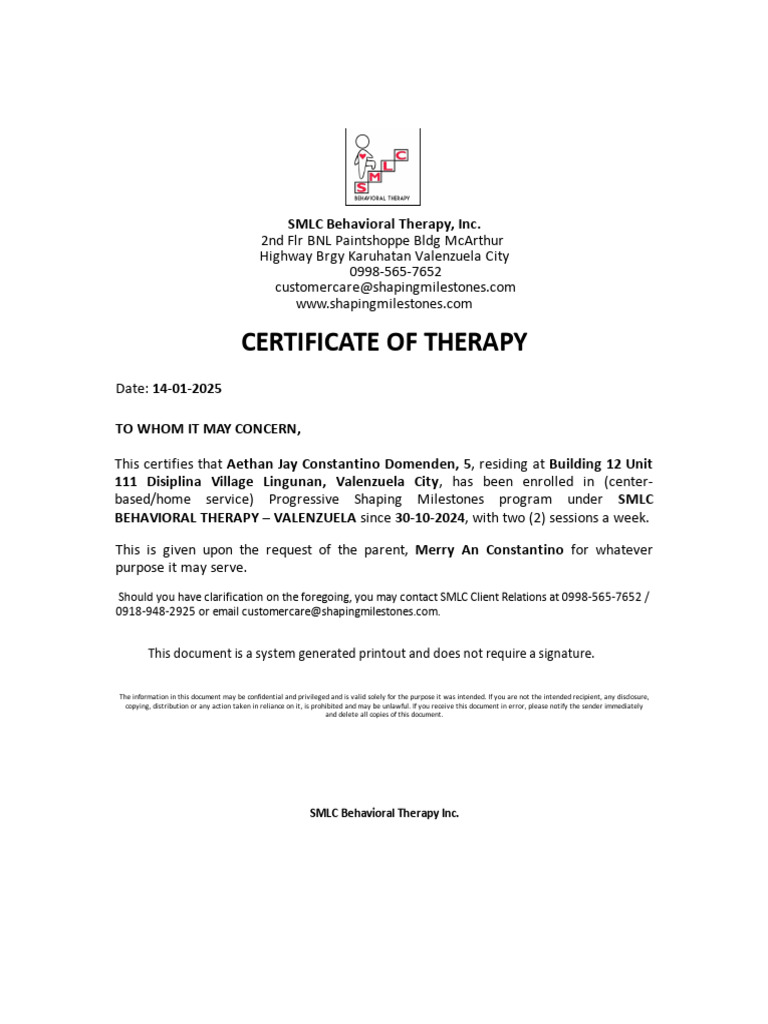 Cert. of Therapy Aethan SMLC | PDF