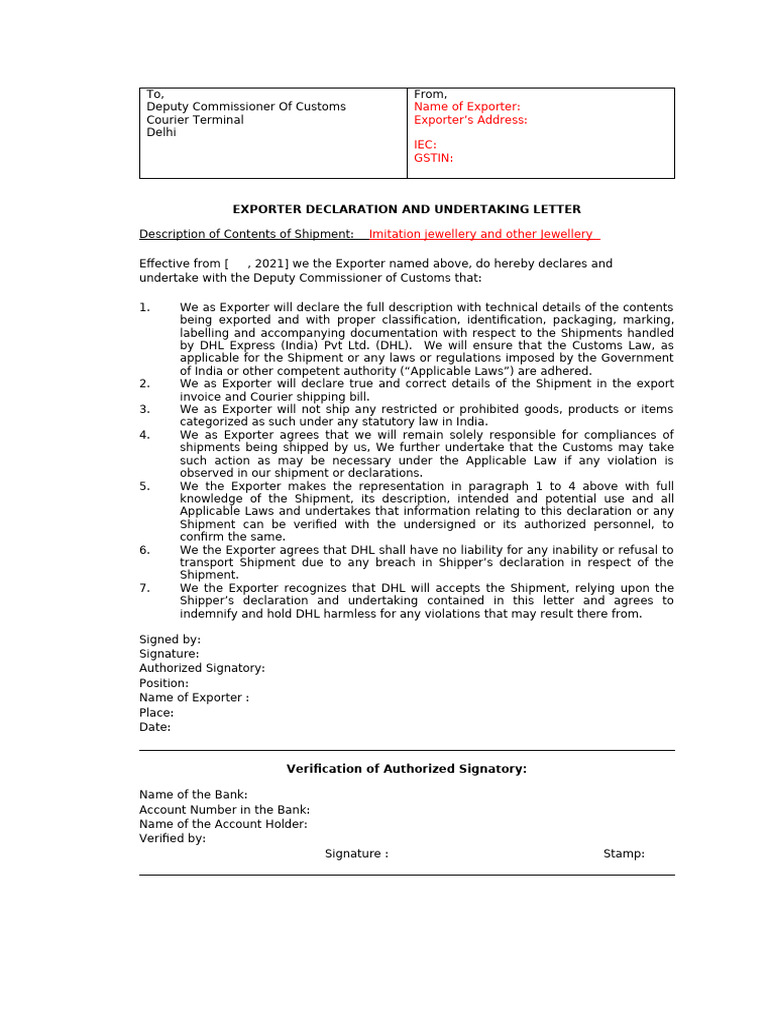 Exporter Declaration for Customs Compliance | PDF | Customs | Courier