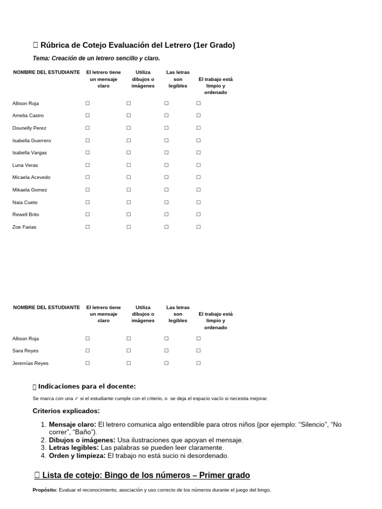 ? Rúbrica de Cotejo Evaluación del Letrero (1er Grado) (1) | PDF ...