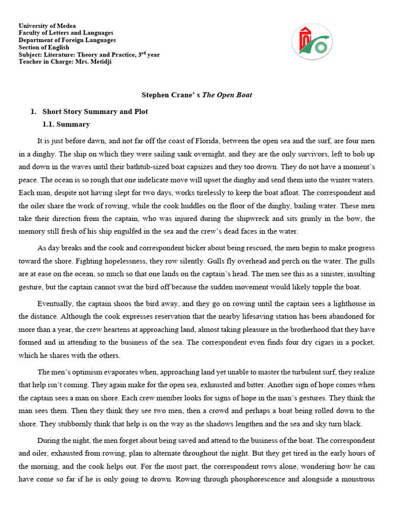 Analysis of Stephen Crane's The Open Boat | PDF