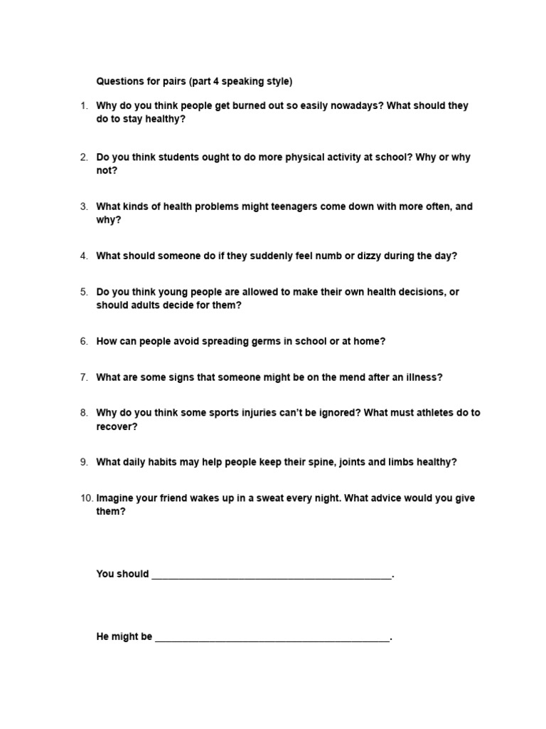 Questions For Pairs (Part 4 Speaking Style) | PDF