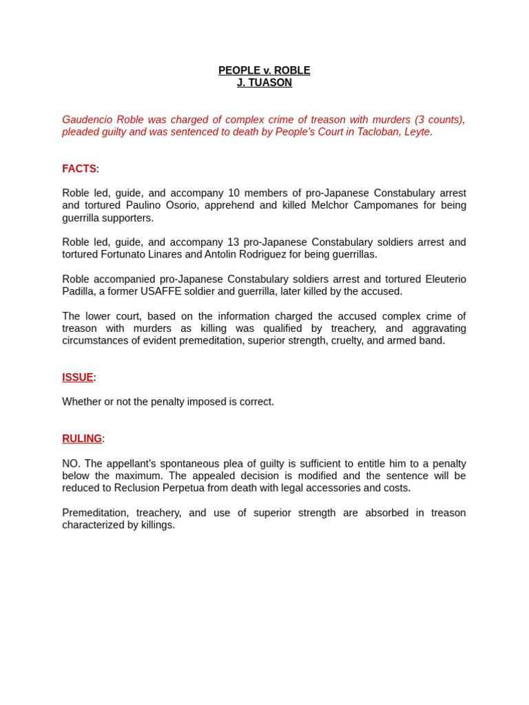 Treason Case: People v. Roble Ruling | PDF