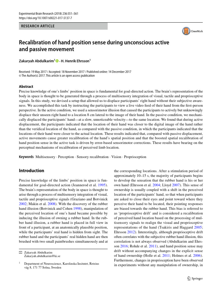3. Recalibration of Hand Position Sense During Unconscious Active and ...