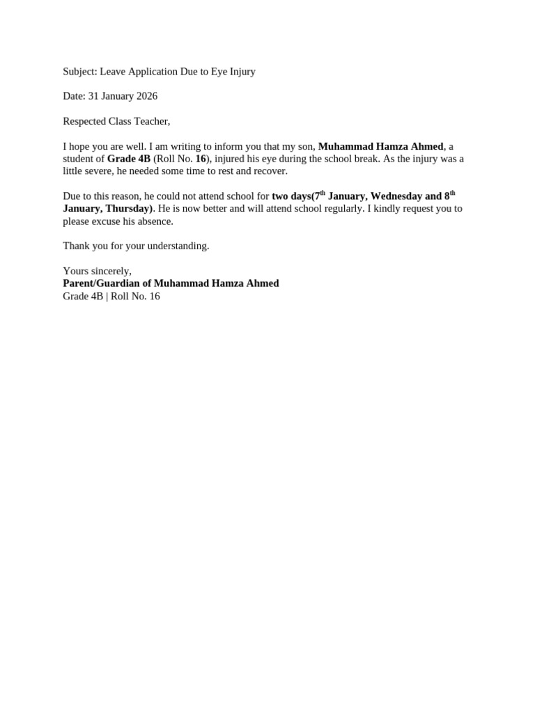 Leave Application for Eye Injury | PDF