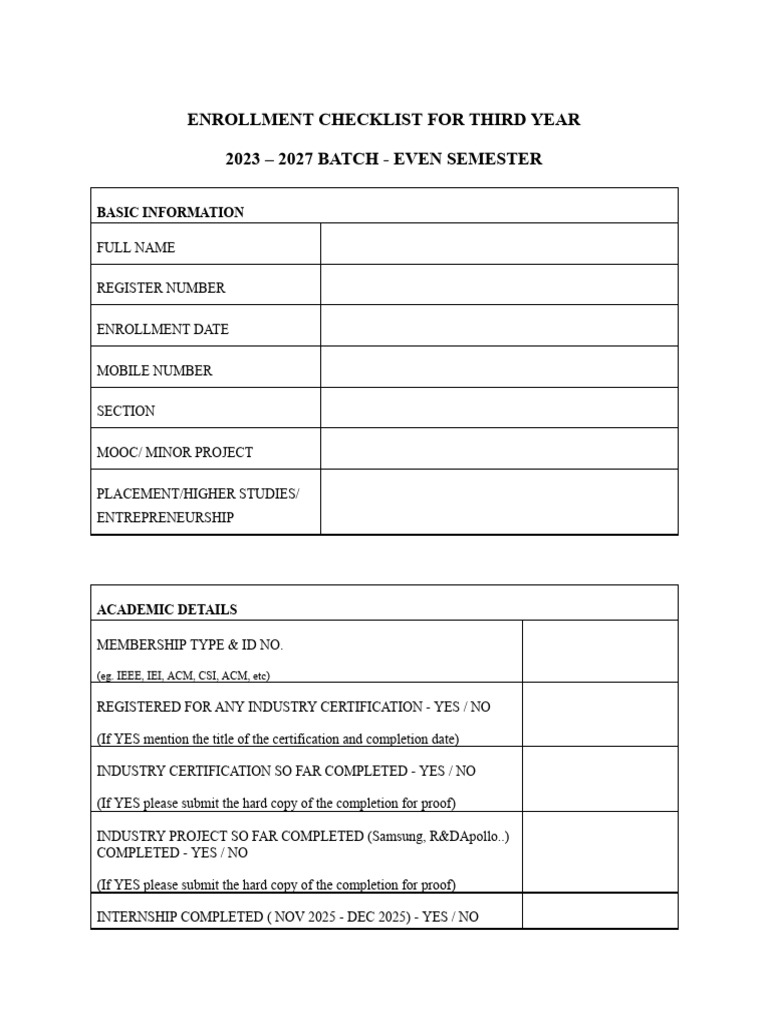 Enrollment Checklist for Third Year (1) | PDF