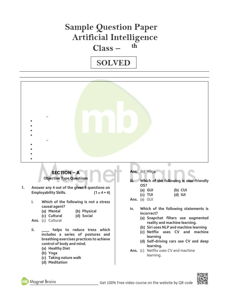AI Sample Question Paper for Class 10 | PDF | Artificial Intelligence ...