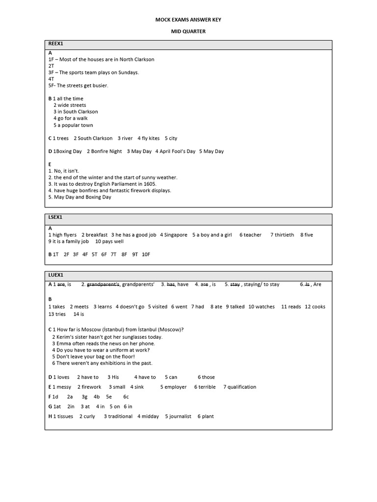 A2 Mock Exams Answer Key 25-26 | PDF