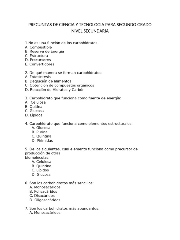 Preguntas de Ciencia y Tecnologia Para Segundo Grado Nivel Secundaria ...