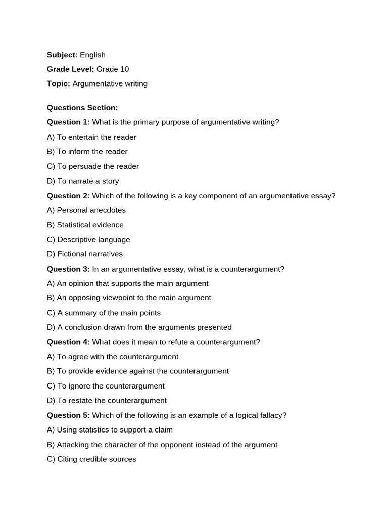 Quiz Argumentative Writing | PDF | Essays | Argument