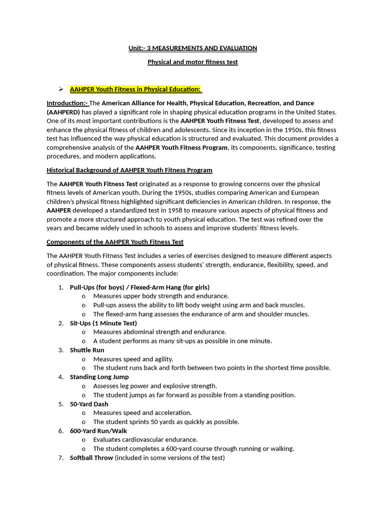 AAHPER Youth Fitness Test Overview | PDF | Physical Fitness | Physical ...