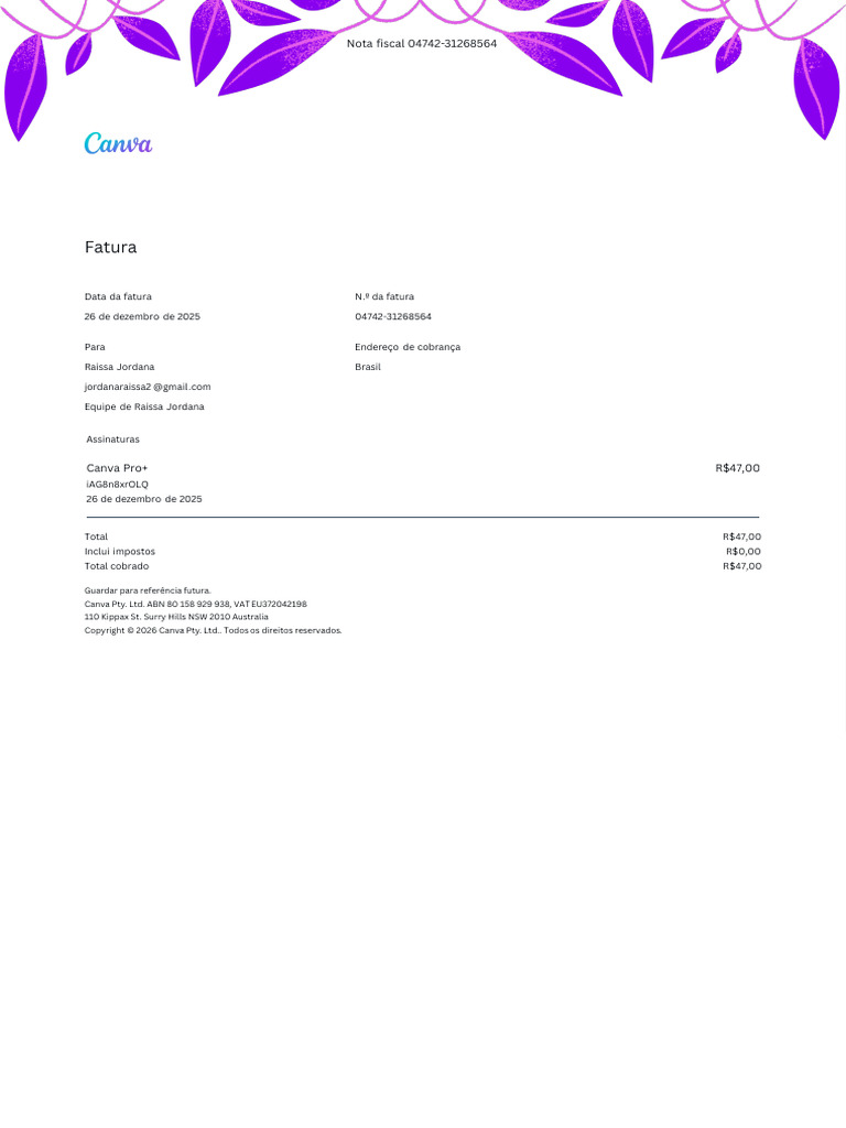 Fatura Canva Pro+ - 26 Dez 2025 | PDF