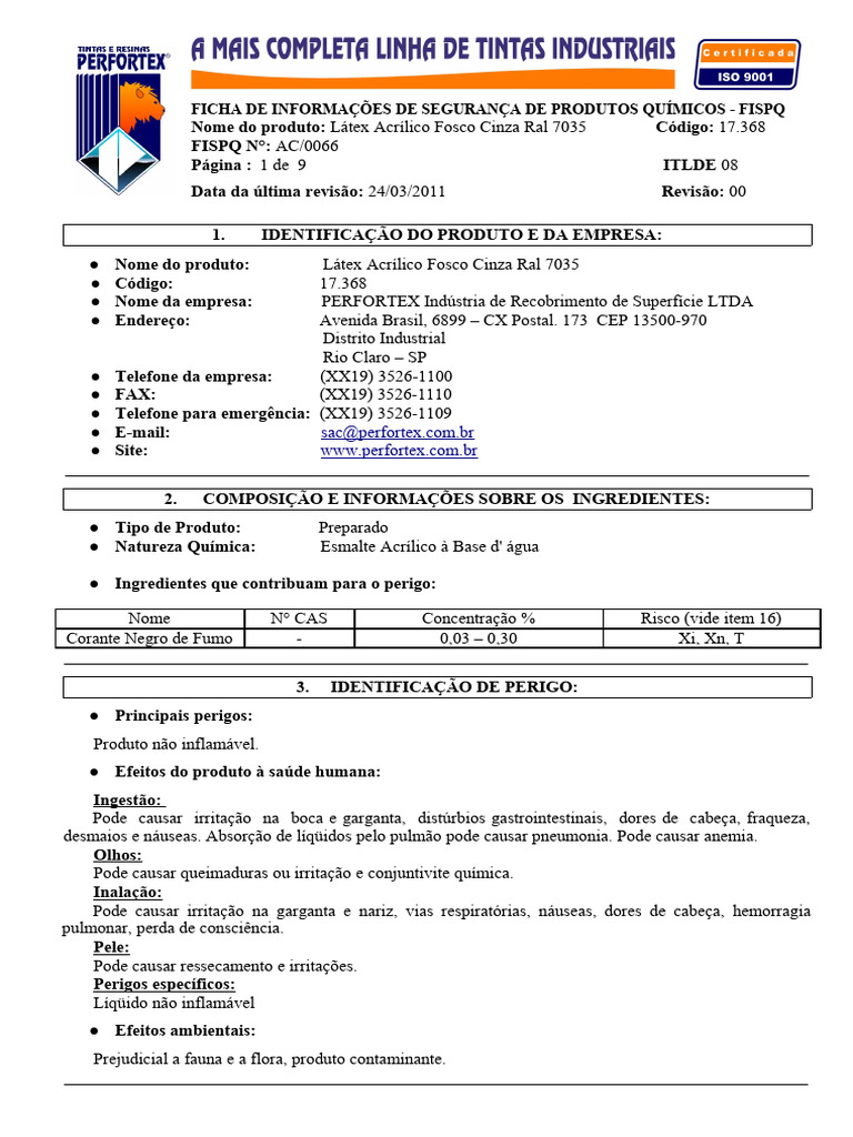 FISPQ - Látex Acrílico Fosco Cinza Ral 7035 | PDF | Incêndios ...
