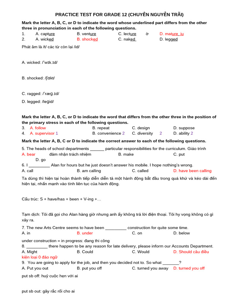 Practice Test For Grade 12 (Chuyên Nguyễn Trãi) : D. mature iu B ...