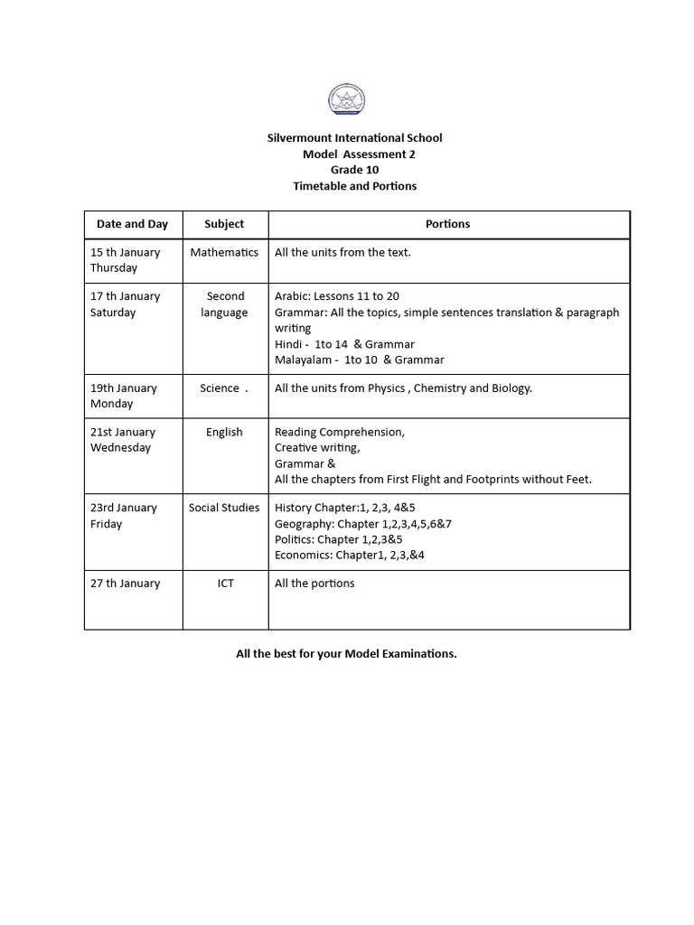 Grade 10 Model Exam Timetable | PDF