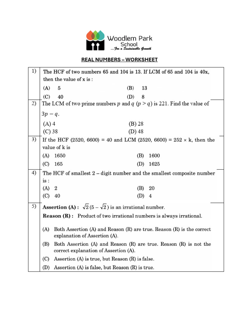 Real Numbers - Worksheet | PDF