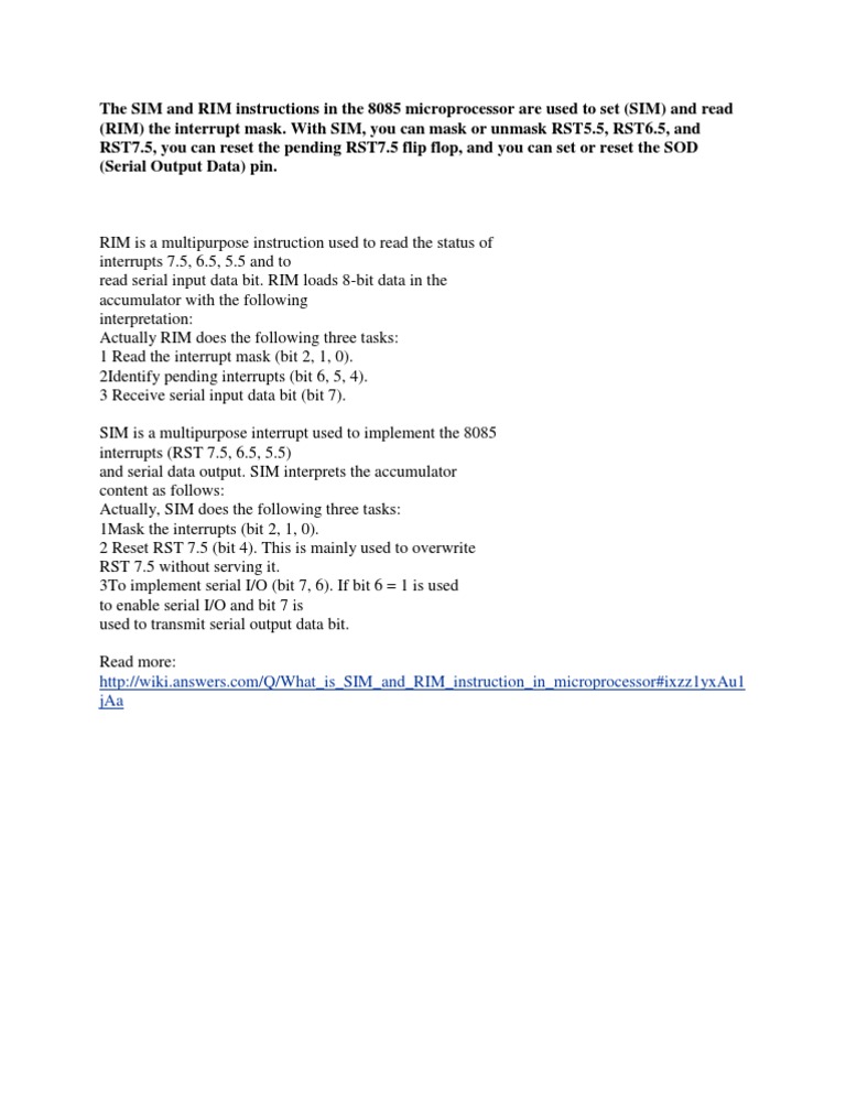 The SIM and RIM Instructions in The 8085 Microprocessor Are Used To Set ...