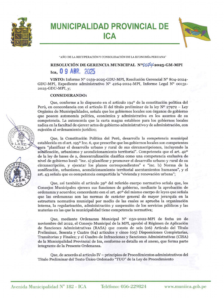 Resolución de Gerencia Municipal Nº 074-2025-GM-MPI. Recurso de ...