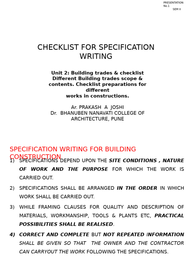 1_checklist for Specification Writing for Building Construction (1 ...
