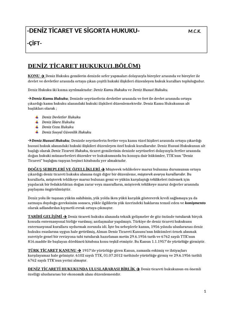 DENİZ TİCARETİ HUKUKU-1.DÖNEM | PDF