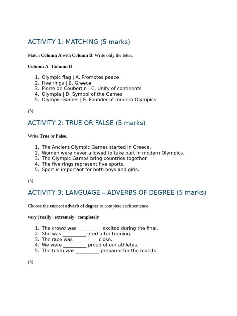 Olympic Games Activities and Answers | PDF