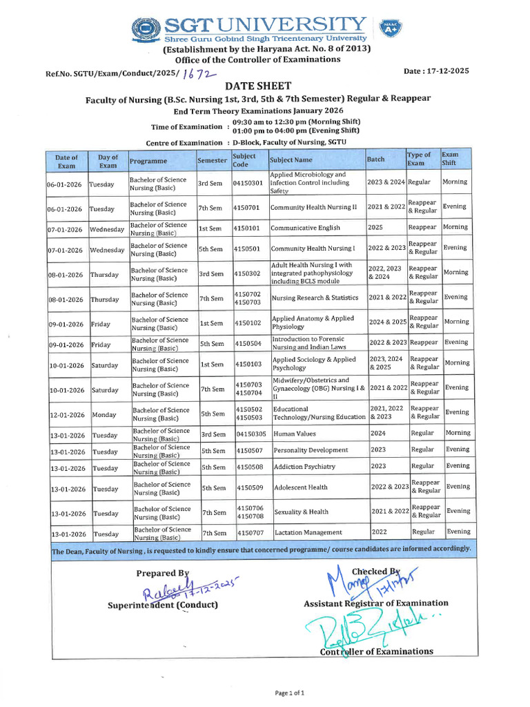 Final Date Sheet Faculty of Nursing (1st, 3rd, 5th & 7th Semester ...