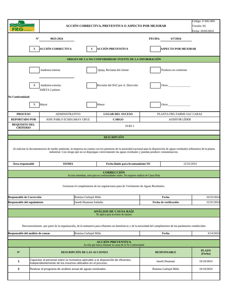 1. F-SIG-004_Acciones Correctivas, Preventivas y de Mejora | PDF | Auditoría