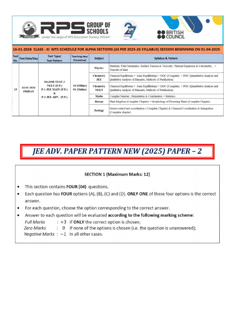 Jee Adv. Xi Major Test -03 Syllabus & Pattern 16-01-2026 | PDF