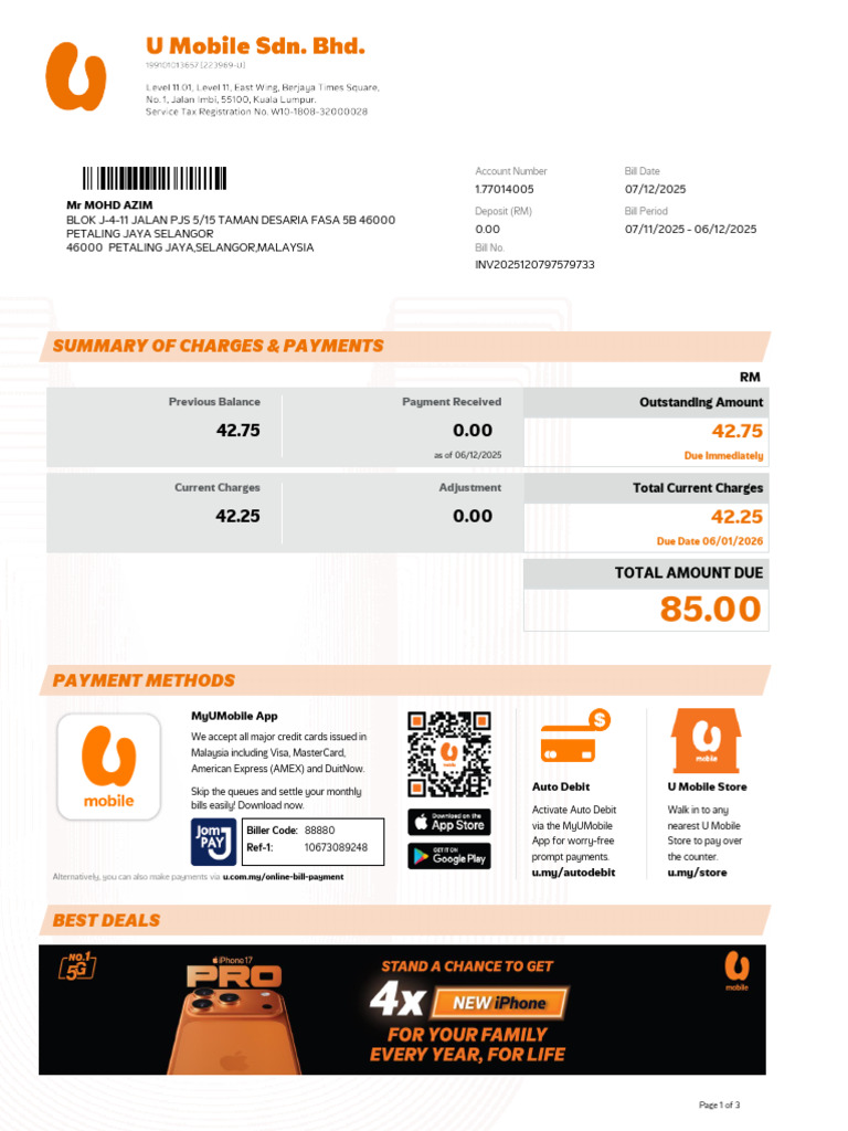 U Mobile Postpaid Bill Summary | PDF | Payments | Debit Card
