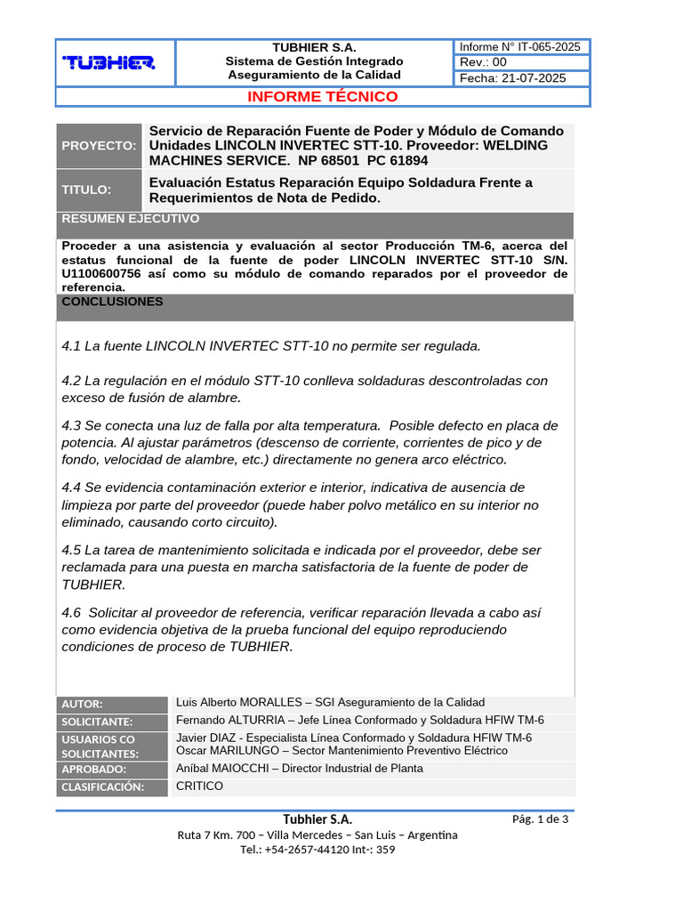 Evaluación Reparación Fuente LINCOLN STT-10 | PDF | Soldadura ...
