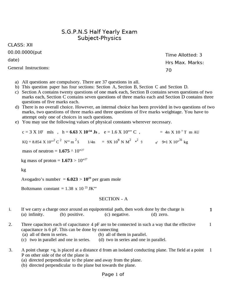Class 12th Physics Sample Paper | PDF | Magnetic Field | Inductance