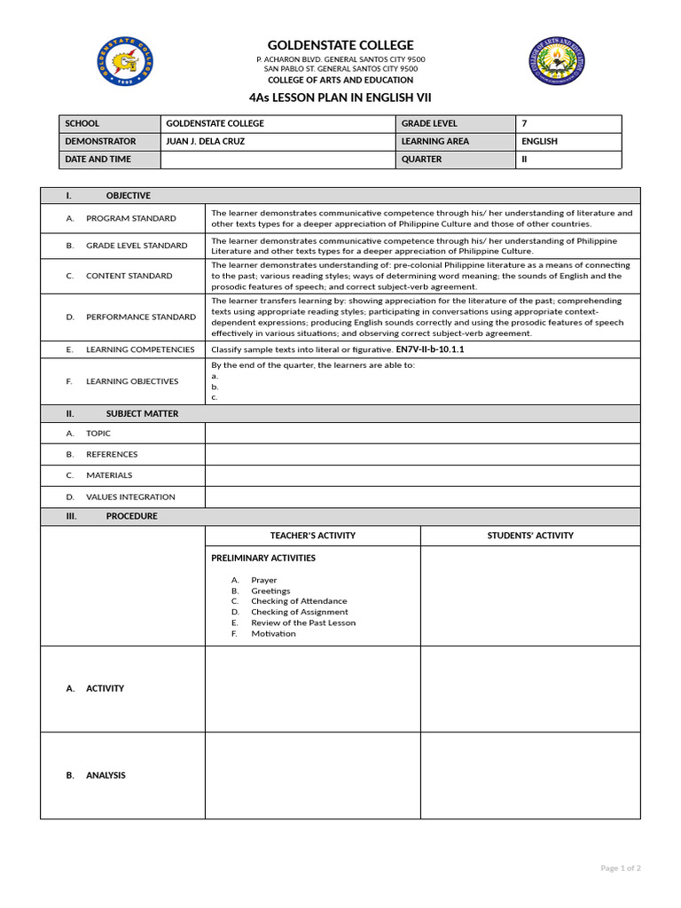 4As English VII Lesson Plan Guide | PDF | Learning | Lesson Plan