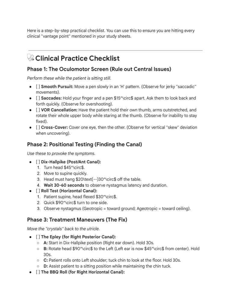 Vestibular Testing and Treatment Checklist | PDF | Diseases And ...