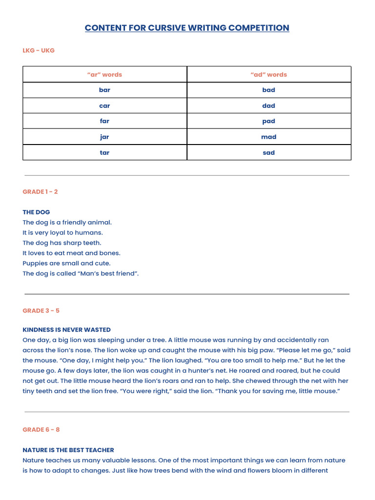 Content for Cursive Writing Competition (1) | PDF