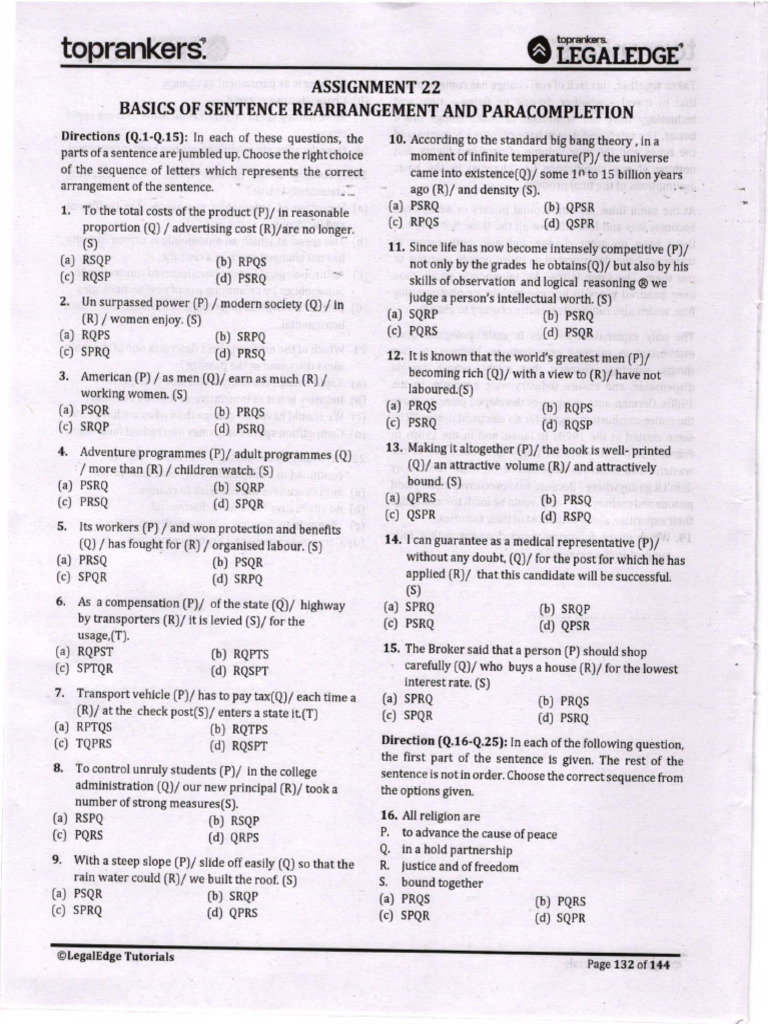 Assignment 22 Basics of Sentence Rearrangement and Paracomptetion | PDF