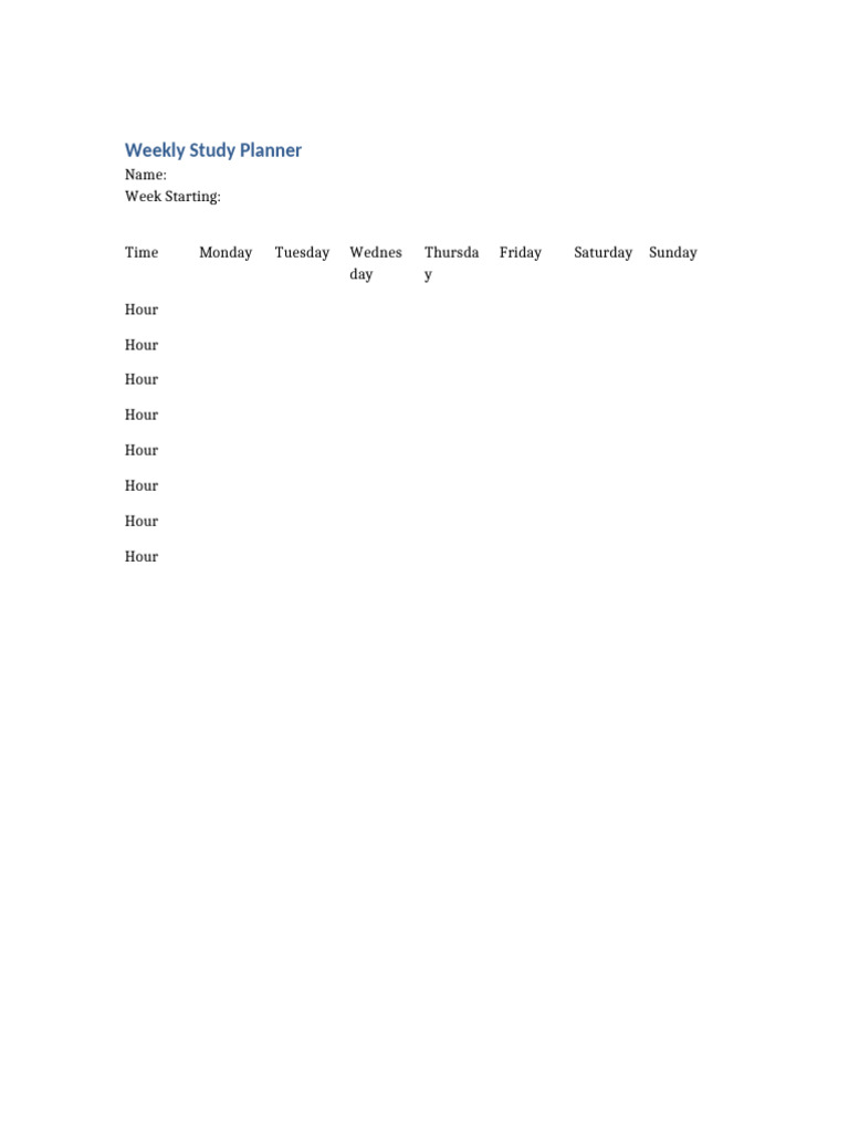 Weekly Study Planner Template | PDF