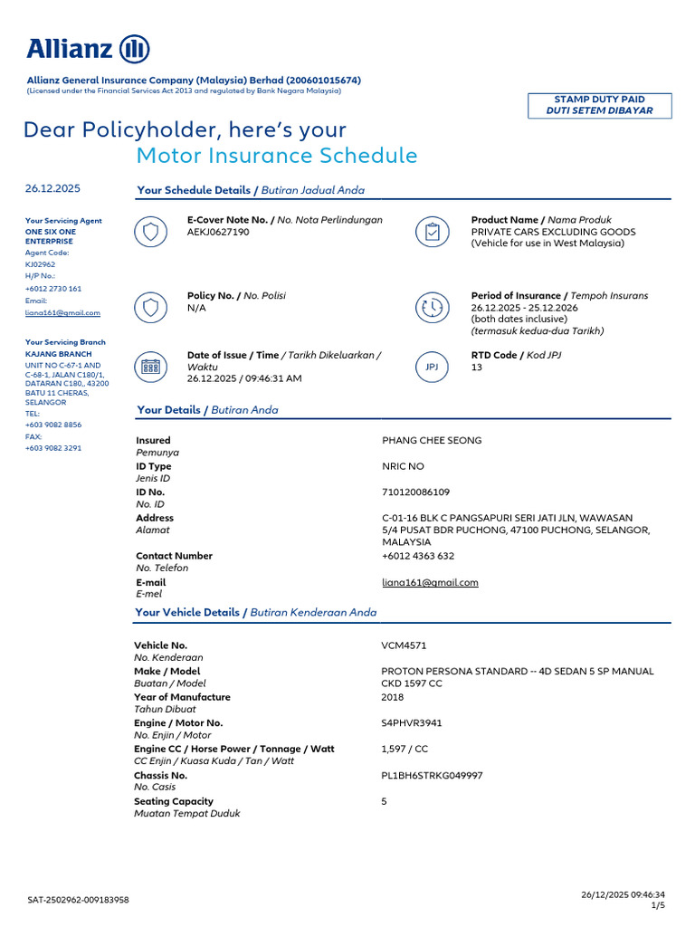 Allianz Motor Insurance Schedule 2025 | PDF | Insurance