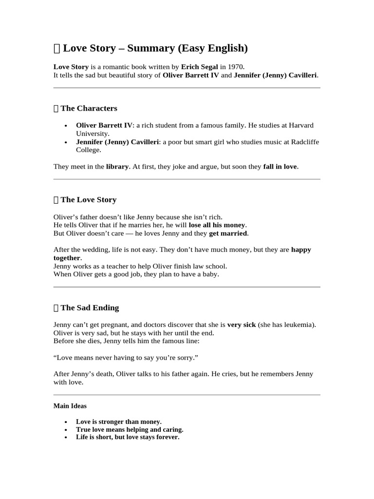 Love Story Summary: A Romantic Tale | PDF