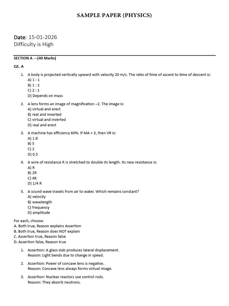 High-Difficulty Physics Sample Paper | PDF | Waves | Sound