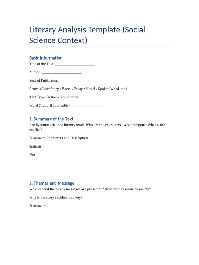 Literary Analysis Template Social Science-1 | PDF
