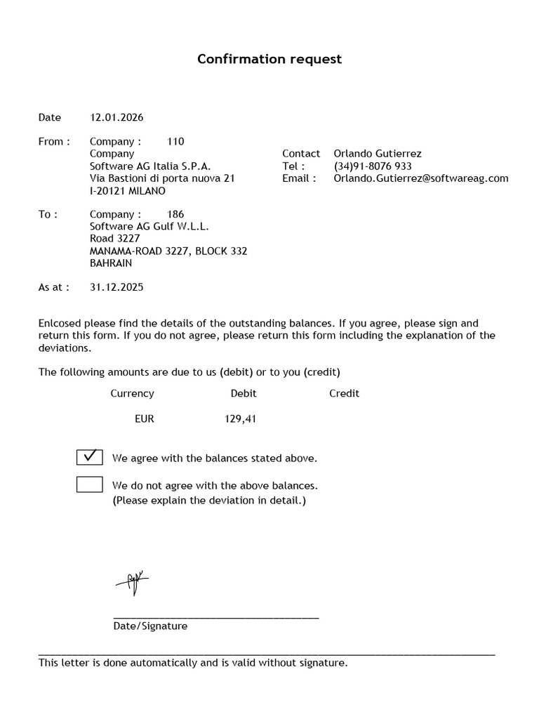 Confirmation Request for Outstanding Balances | PDF