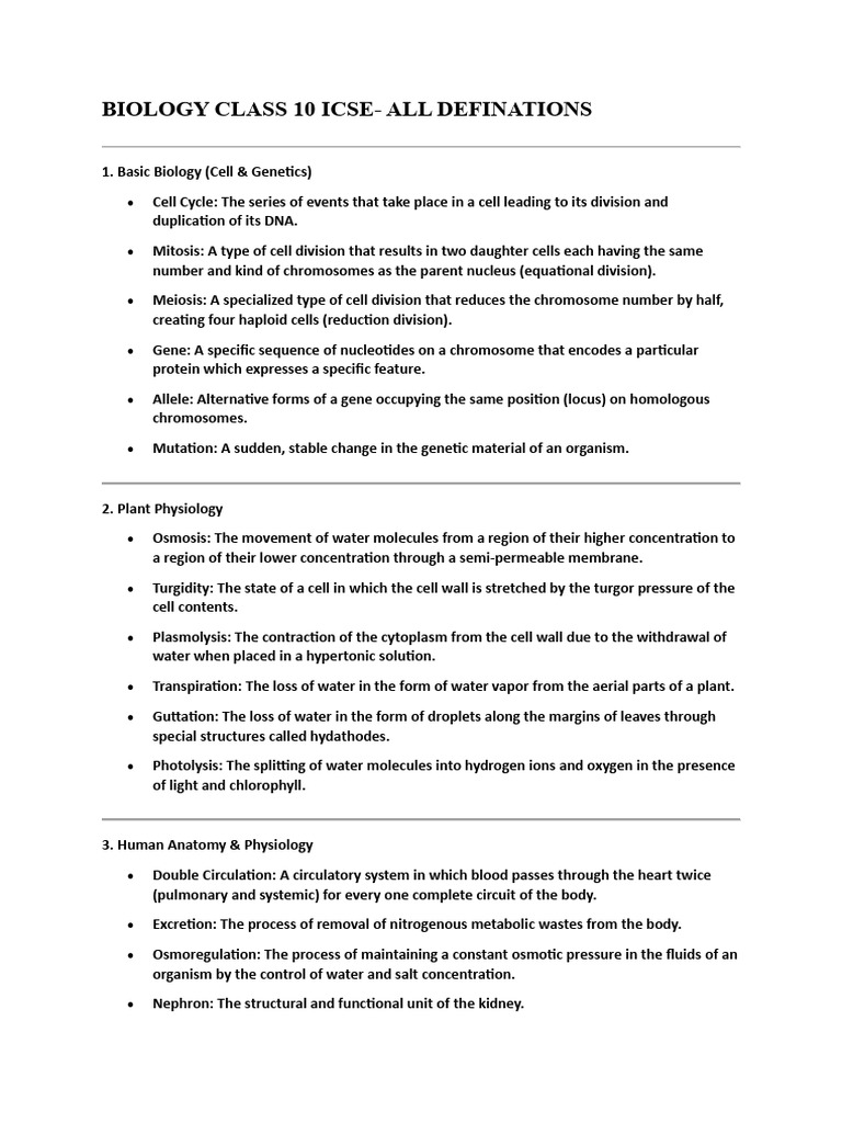 Biology Class 10 ICSE: Key Definitions | PDF | Cell (Biology) | Biology