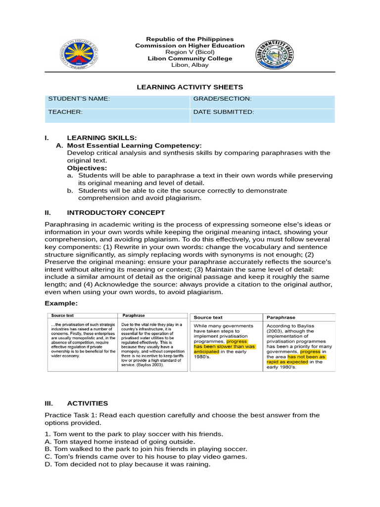 Learning Activity Sheet For Paraphrasing Bsed3b English Group 1 | PDF ...