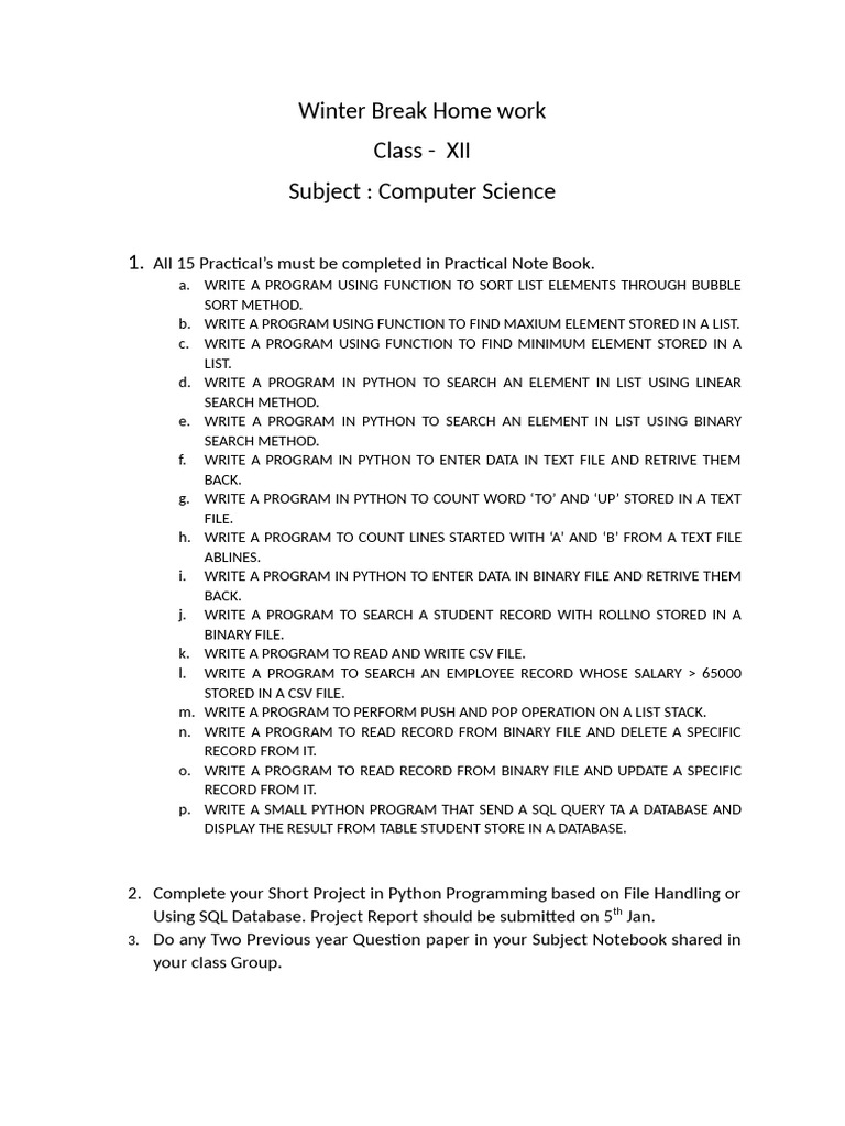 Winter Break Home Work Class XII | PDF