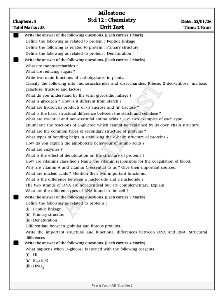 Std 12 Chemistry Unit Test Guide | PDF | Carbohydrates | Biotechnology