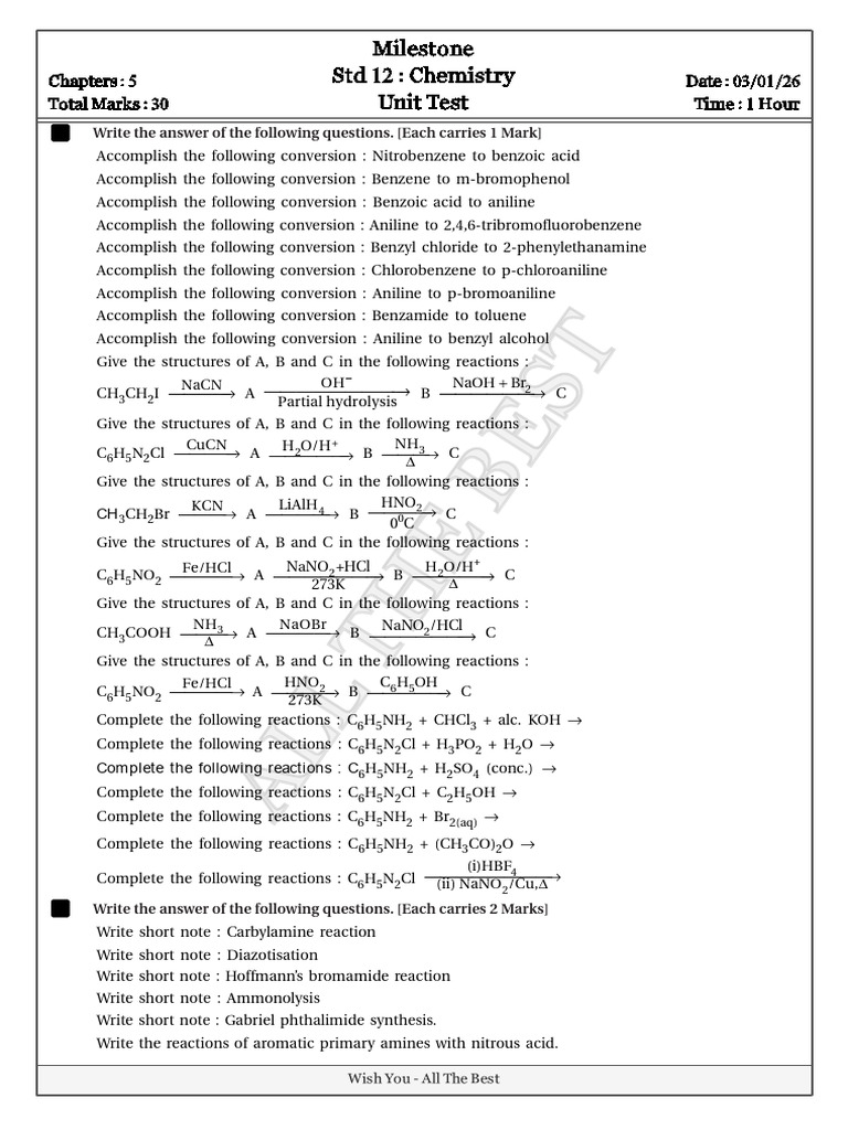Chemistry Unit Test Questions for Std 12 | PDF | Amine | Organic Compounds