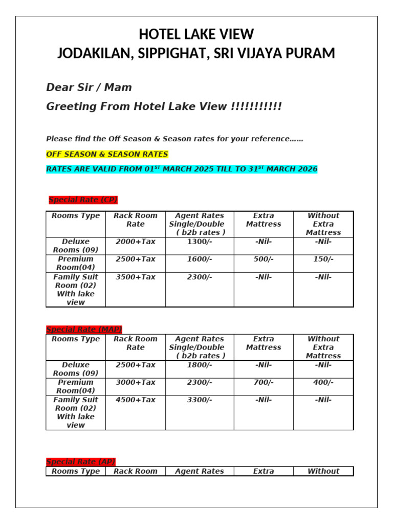 Hotel Lake View Rates & Policies 2025-2026 | PDF | Payments
