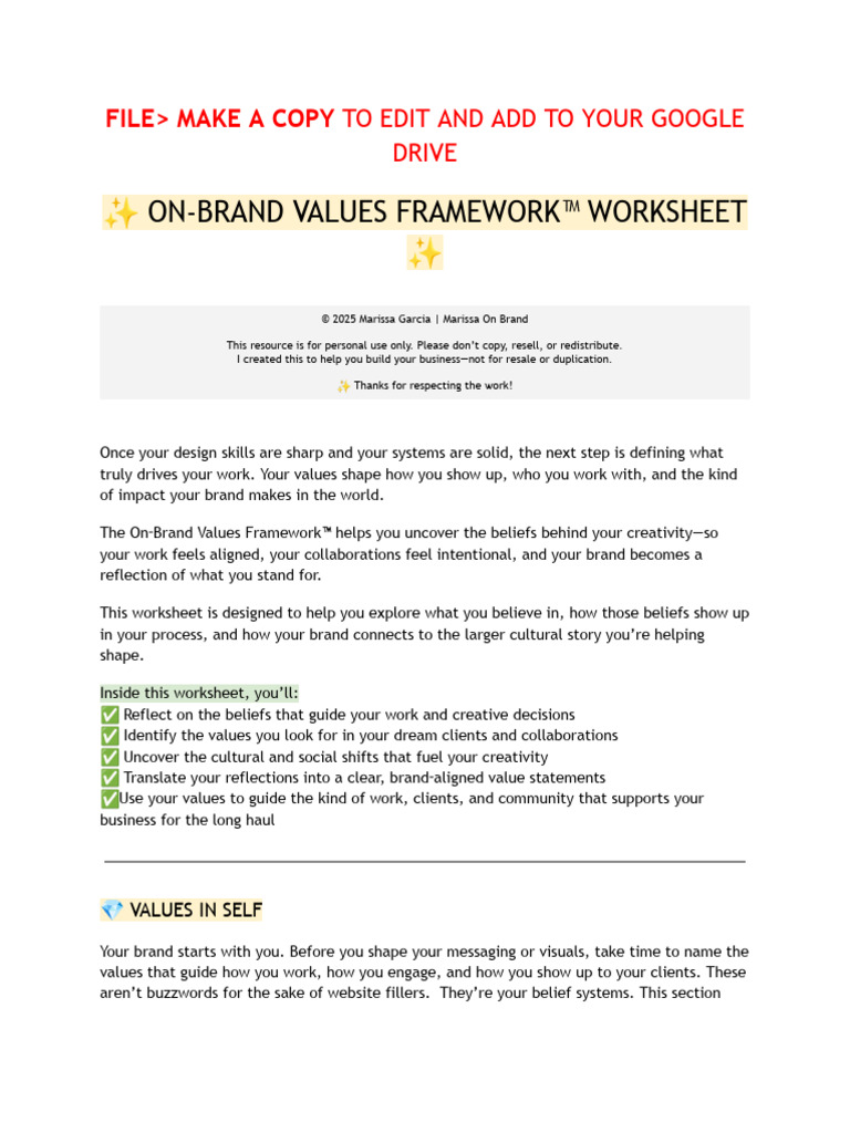 On-Brand Values Framework Worksheet | PDF | Brand