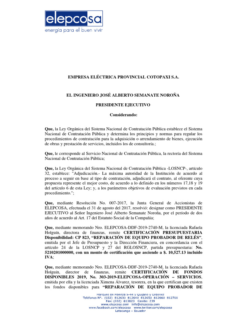 Elepcosa Pe 2019 00253 r Resolución Adjudicación Tmrs | PDF